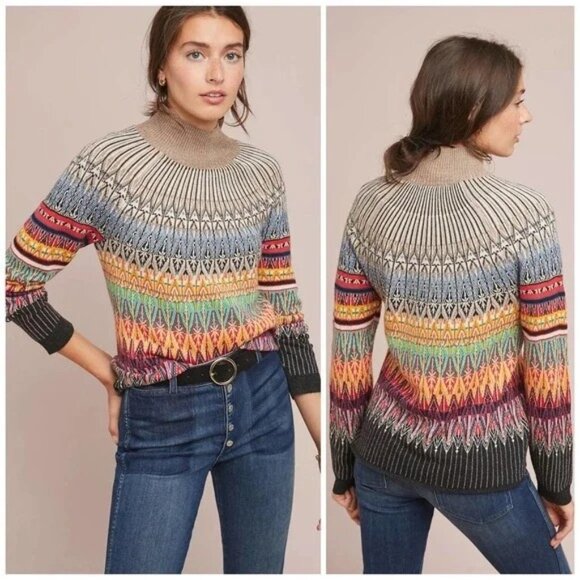 Maeve | Sweaters | Maeve Prismatic Fair Isle Colorful Wool Cashmere Blend Mock Neck Sweater ...